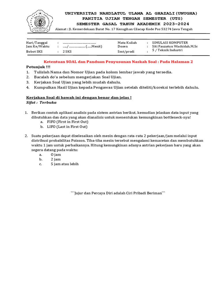 Soal Simulasi Komputer Td5a | PDF