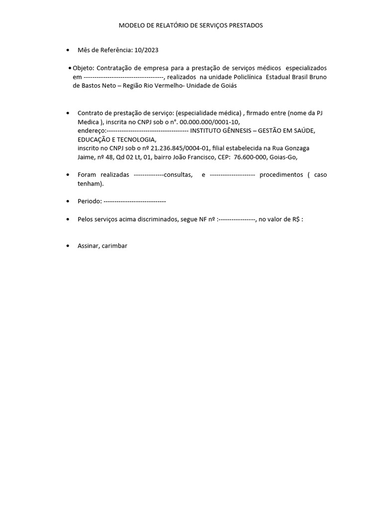 modelo de relatório de serviços prestados MEDICOS | PDF