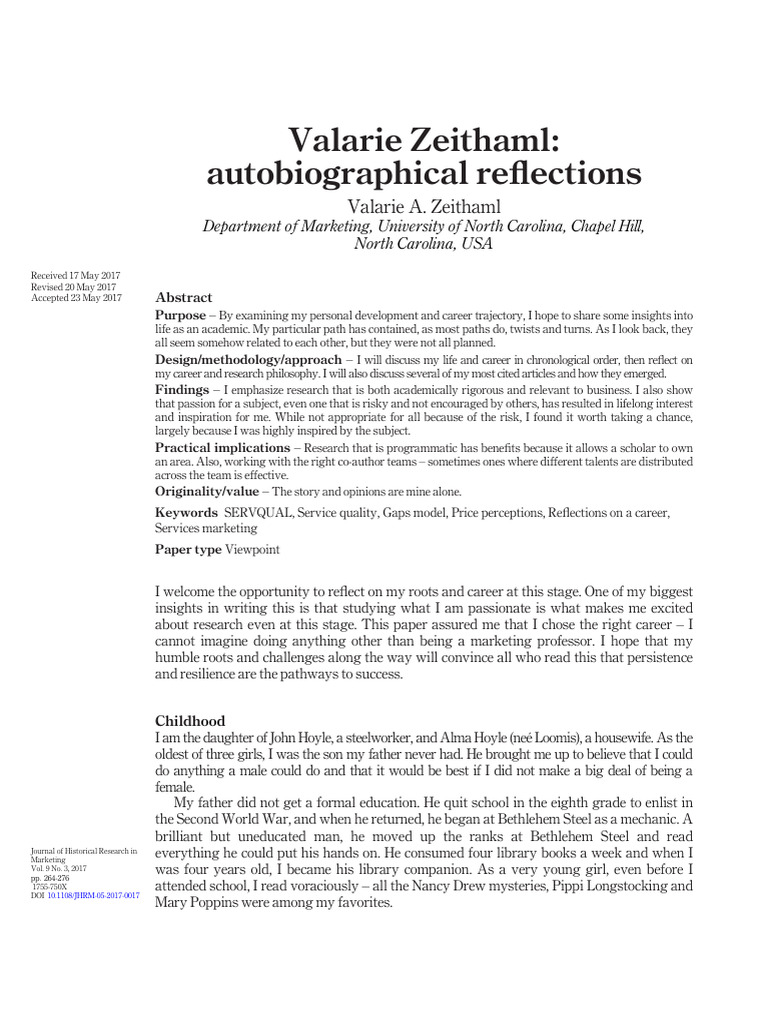 Zeithaml (2017) - Valarie Zeithaml - Autobiographical Reflections | PDF ...