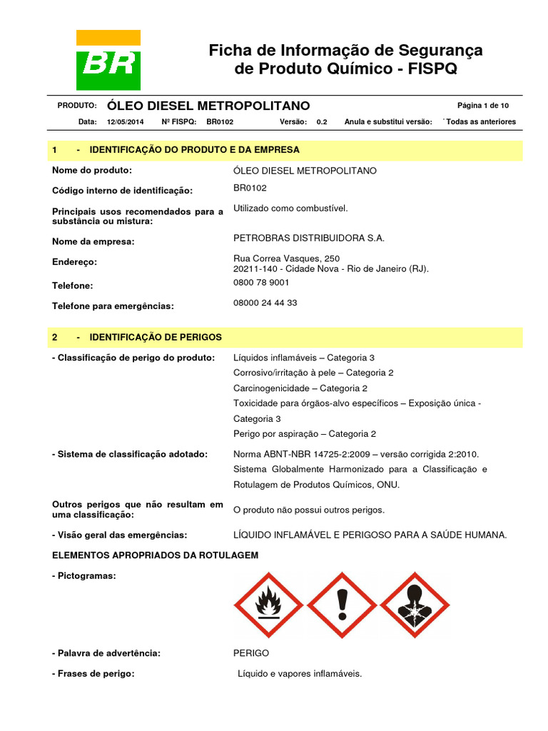 FISPQ Óleo Diesel Metropolitano | PDF | Combustão | Diesel