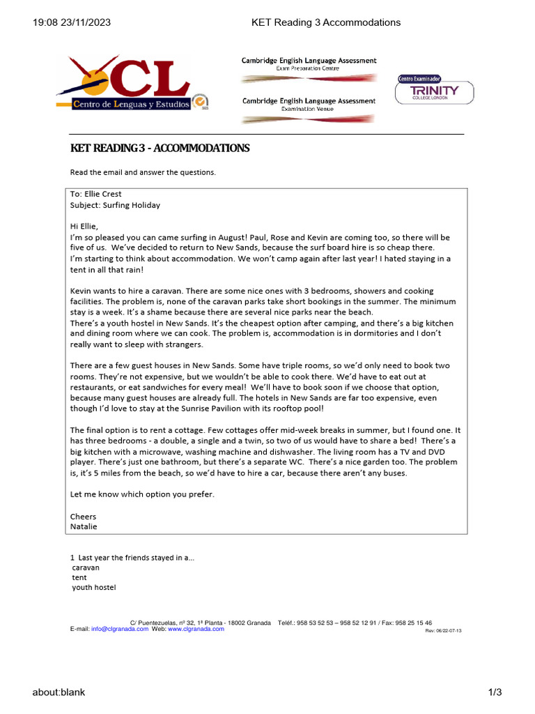 KET Reading 3 Accommodations | PDF