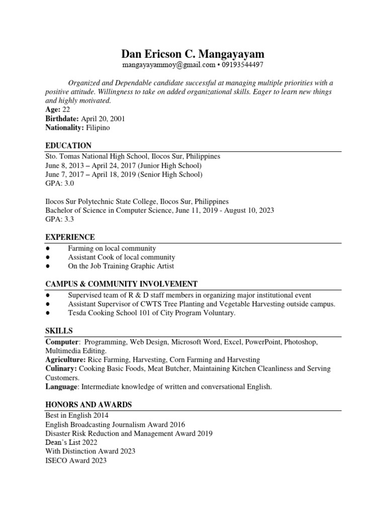 Mangayayam Dan Ericson - Resume (CV) | PDF