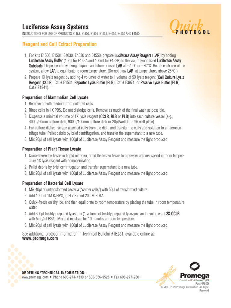 Luciferase Assay Systems Quick Protocol | PDF | Lysis | Centrifugation