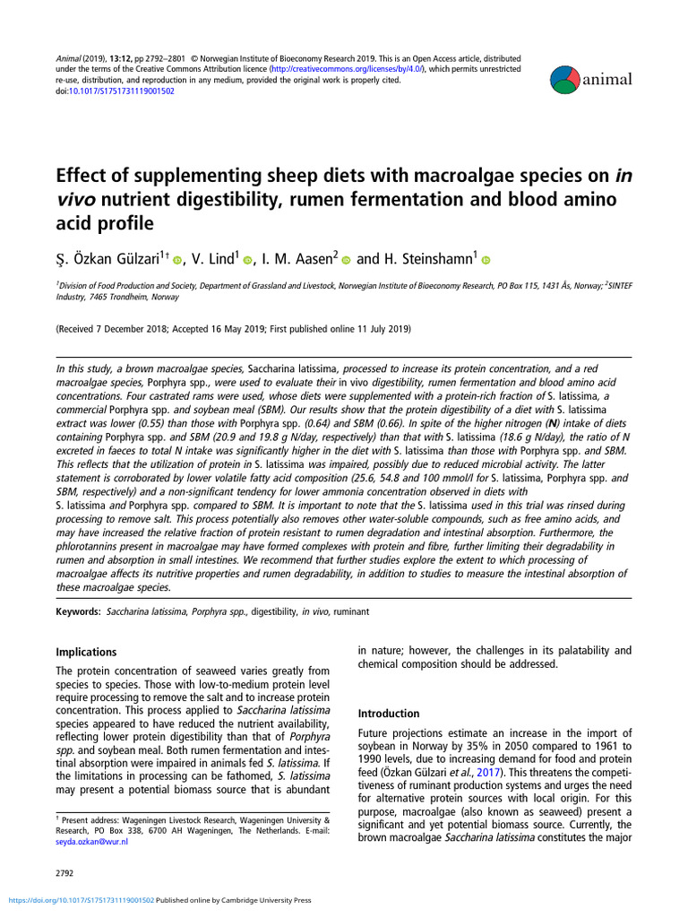 Effect of Supplementing Sheep Diets With Macroalgae Species On in Vivo ...