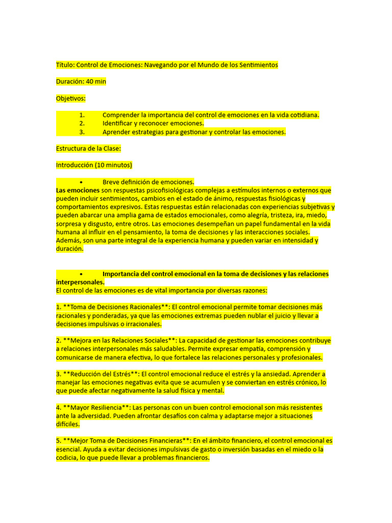 Clase 8 Grado Control De Emociones Pdf Las Emociones Toma De