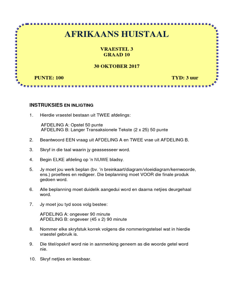 Graad 10 Afrikaans Huistaal GR 10 Vraestel 3 Oktober 2017 | PDF