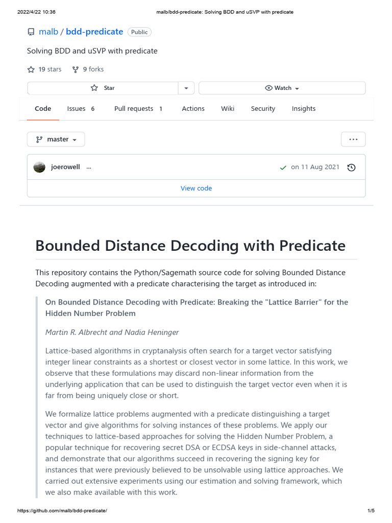 Malb - Bdd-Predicate - Solving BDD and USVP With Predicate | PDF | Lattice (Group) | Algorithms