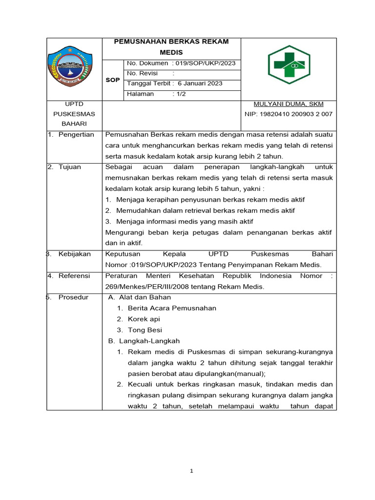 Sop Pemusnahan Berkas Rekam Medis | PDF