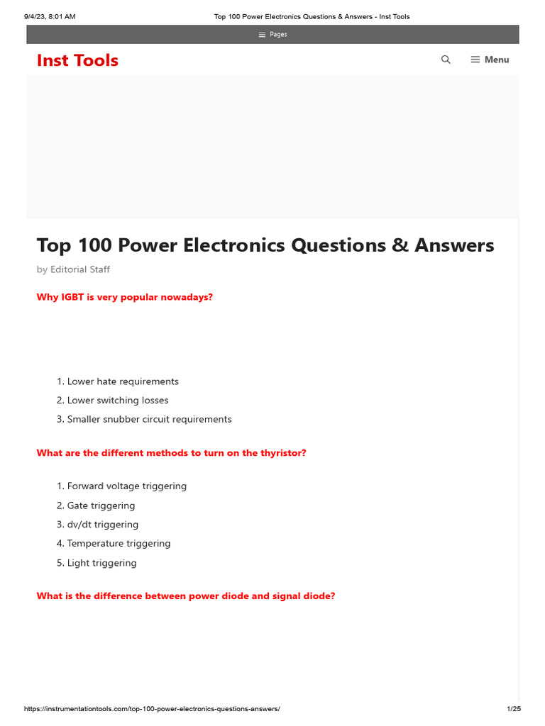 Top 100 Power Electronics Questions & Answers - Inst Tools | PDF ...