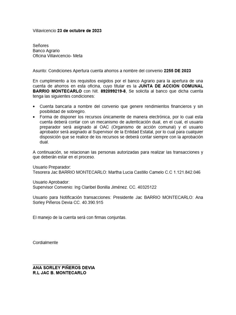 Carta Condiciones de Manejo de La Cuenta. | PDF Carta Condiciones de Manejo de La Cuenta. | PDF
