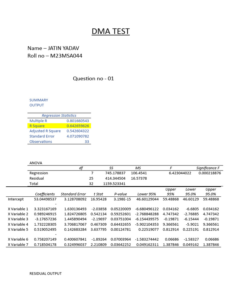 Dma Test | PDF | Errors And Residuals | Coefficient Of Determination