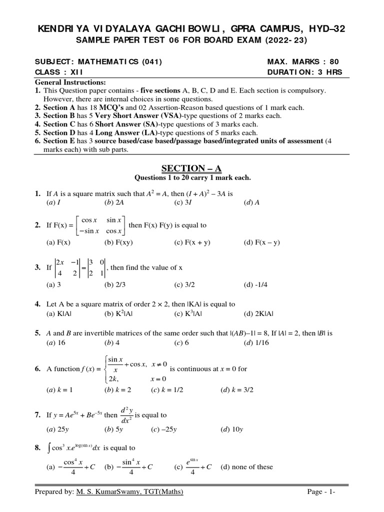 Maths Class Xii Sample Paper Test 06 For Board Exam 2023 | PDF ...