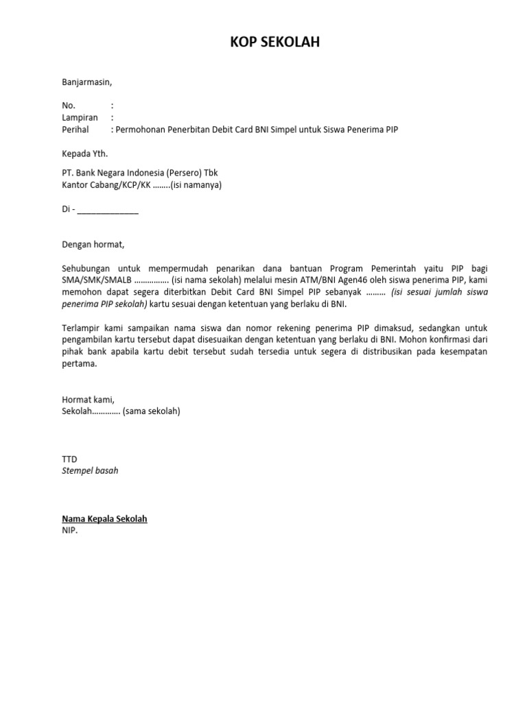 Surat Permohonan Penerbitan Debit Card BNI Simpel PIP | PDF | Karier ...