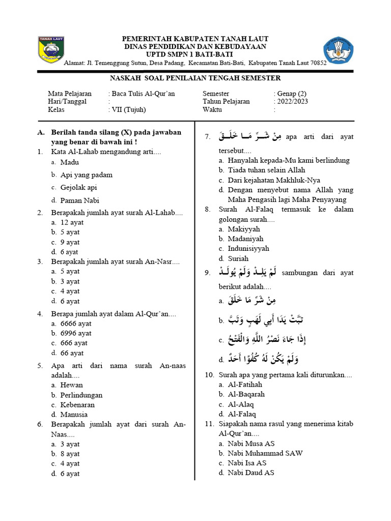 Soal Bta Pas Ganjil Kelas Vii-1 | PDF