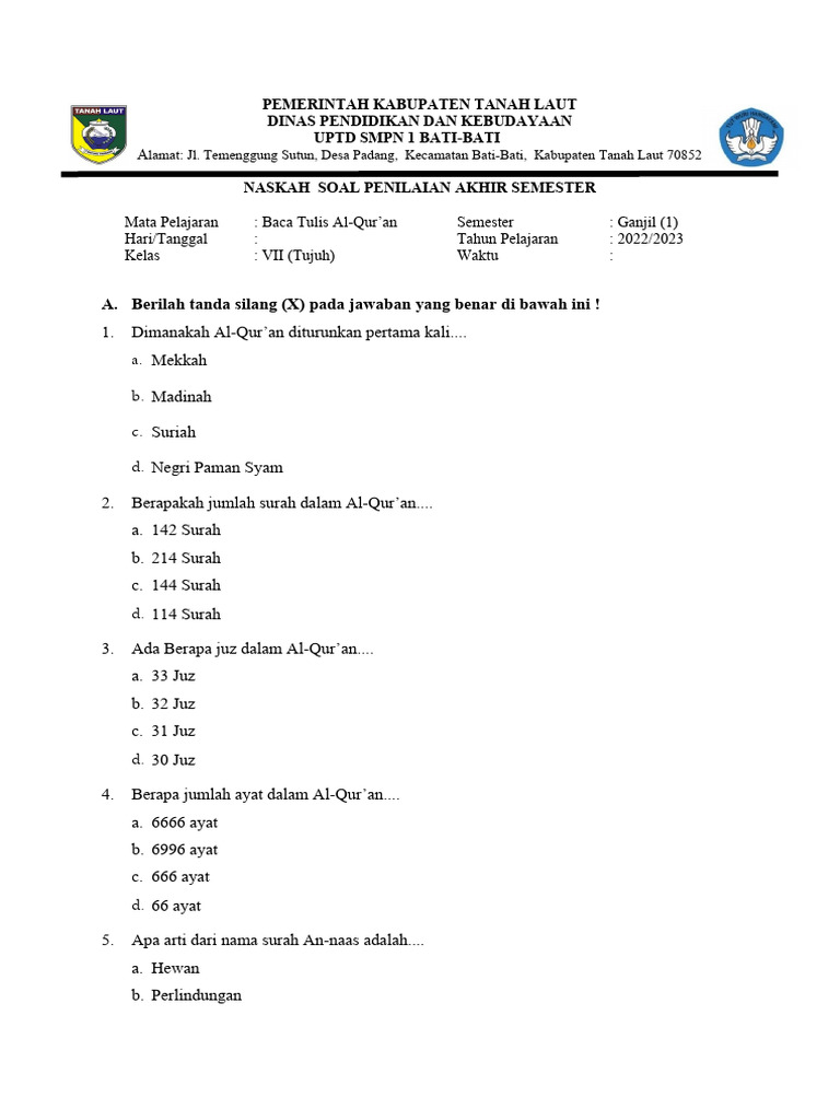 Soal Bta Pas Ganjil Kelas Vii | PDF