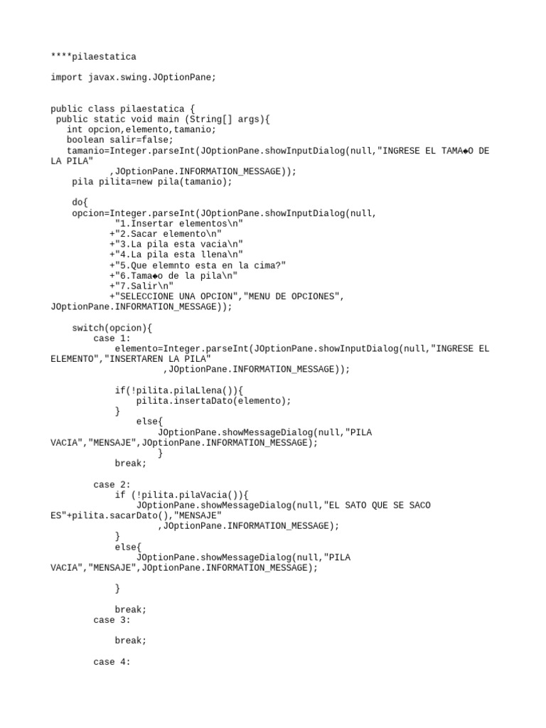 Implementación de Pila Estática en Java | PDF | Ingeniería de software | Programación de ...