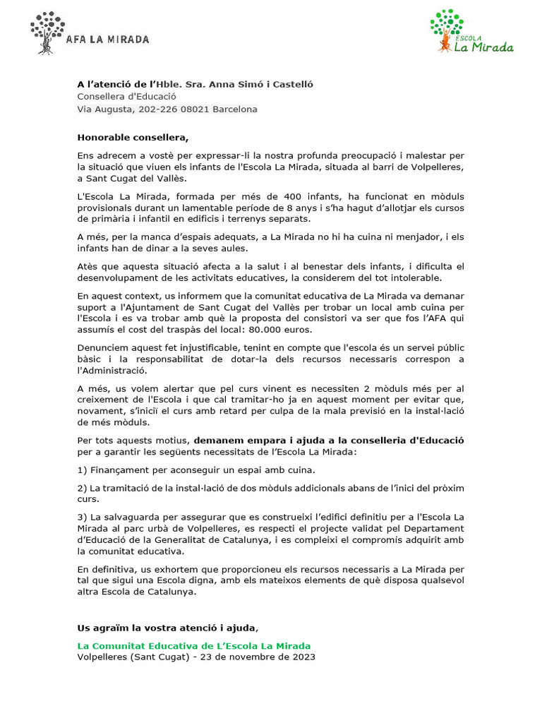 Carta de La Mirada A La Consellera D'educacio, Anna Simó | PDF