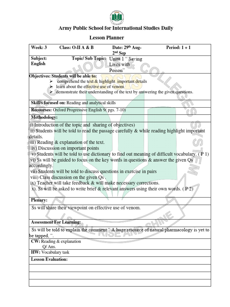 Army Public School For International Studies Daily Lesson Planner | PDF