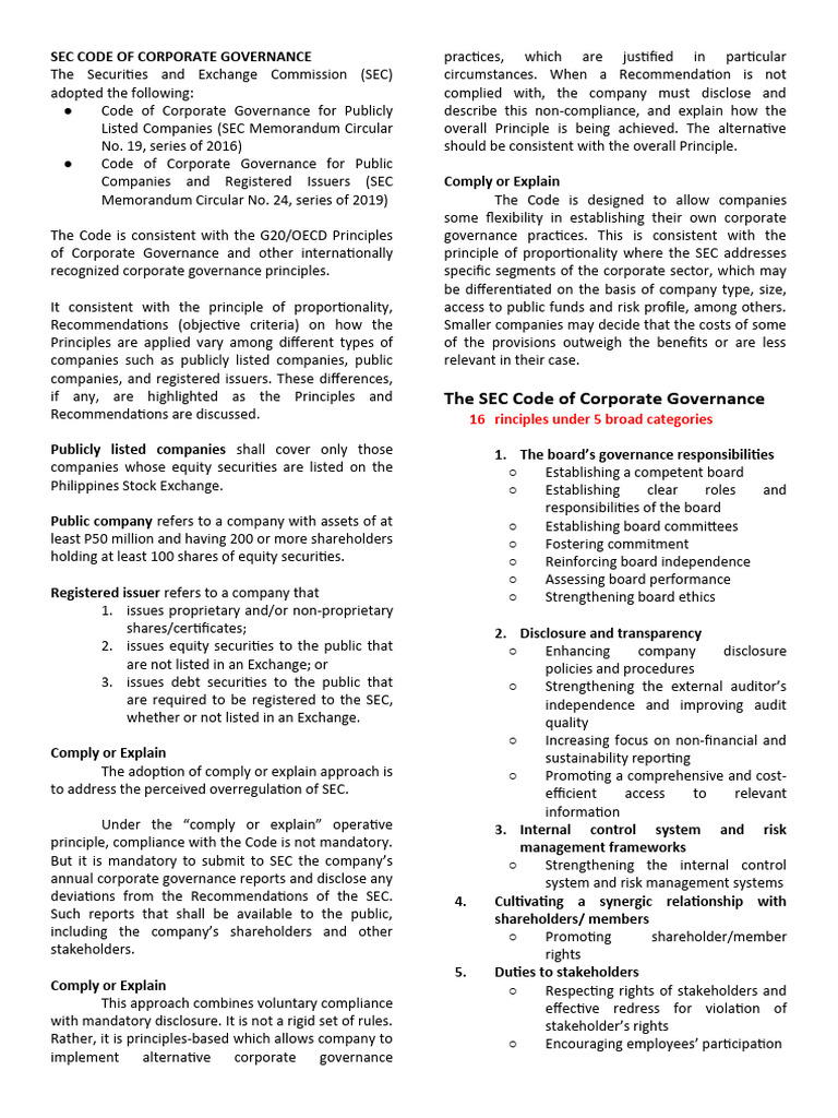 Sec Code of Corporate Governance 1 | PDF | Board Of Directors | Corporate Governance