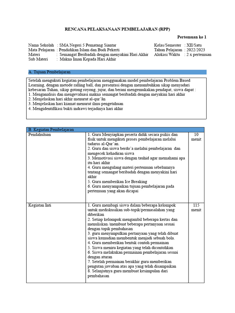 RPP Kelas 12 Bab 1 | PDF
