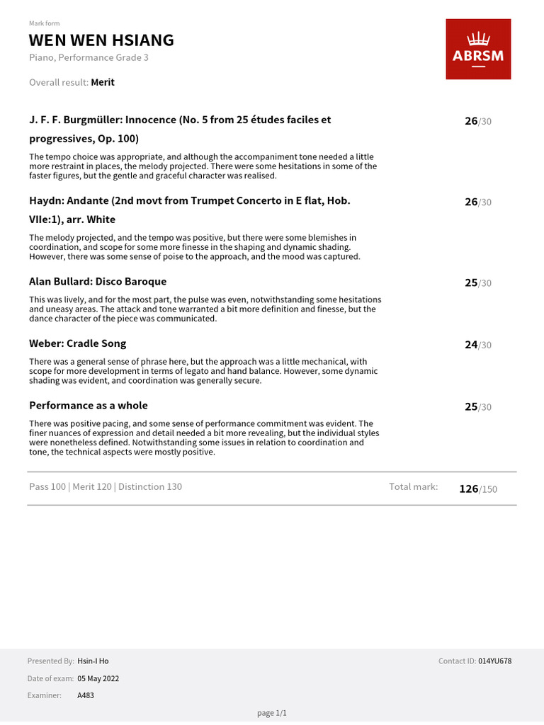 WEN WENHSIANGPianoPerformance Grade 3 | PDF