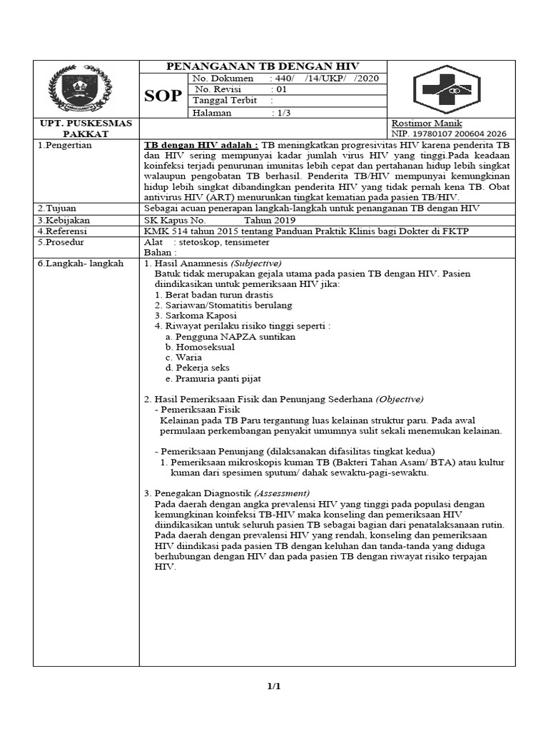 Sop Penanganan TB Dengan Hiv | PDF