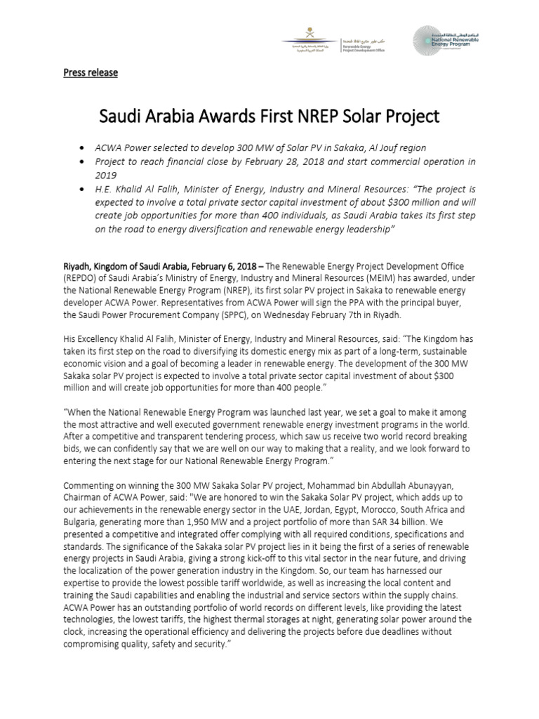 300MW Sakaka Solar PV Project Awarded | PDF | Solar Power | Renewable ...