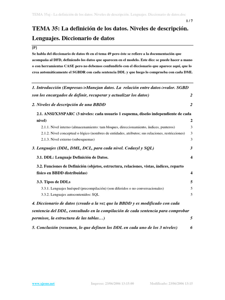 La Definición de Los Datos. Niveles de Descripción. Lenguajes. Diccionario de Datos | PDF ...