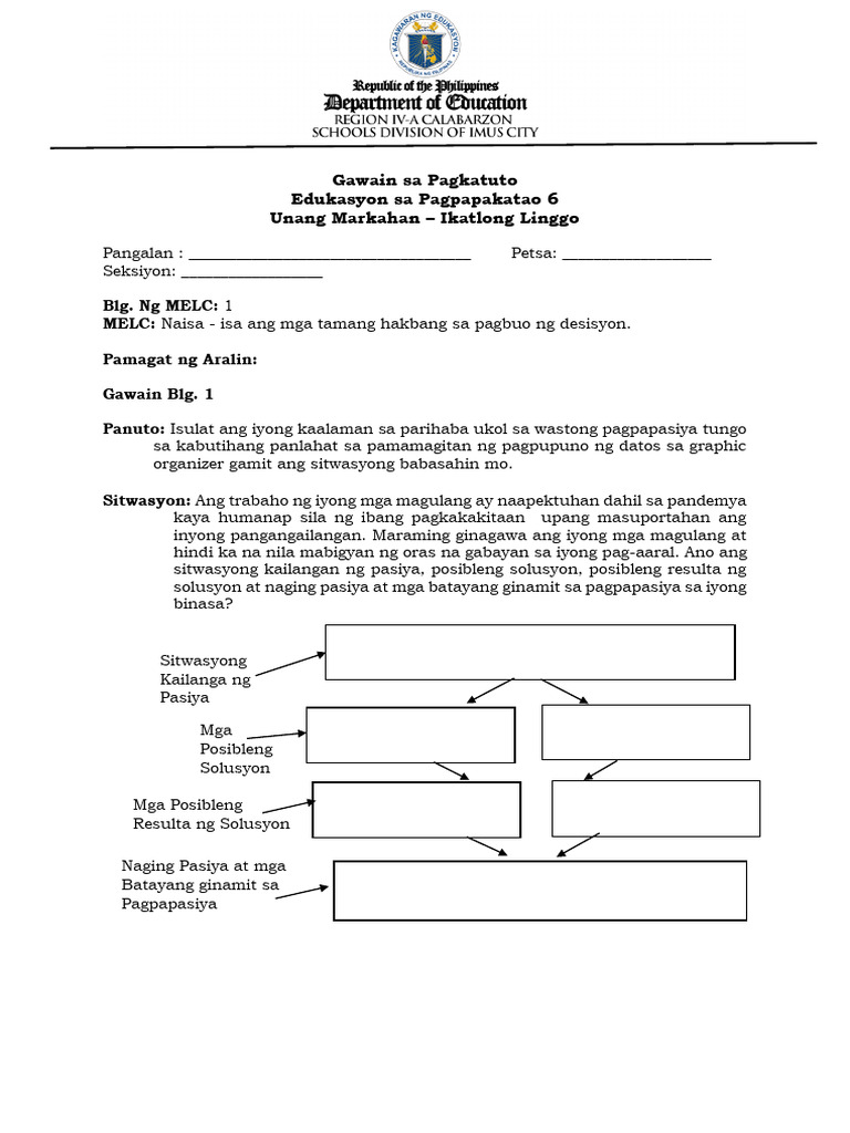 Gawain Sa Pagkatuto Edukasyon Sa Pagpapakatao 6 Unang Markahan - Ikatlong Linggo | PDF