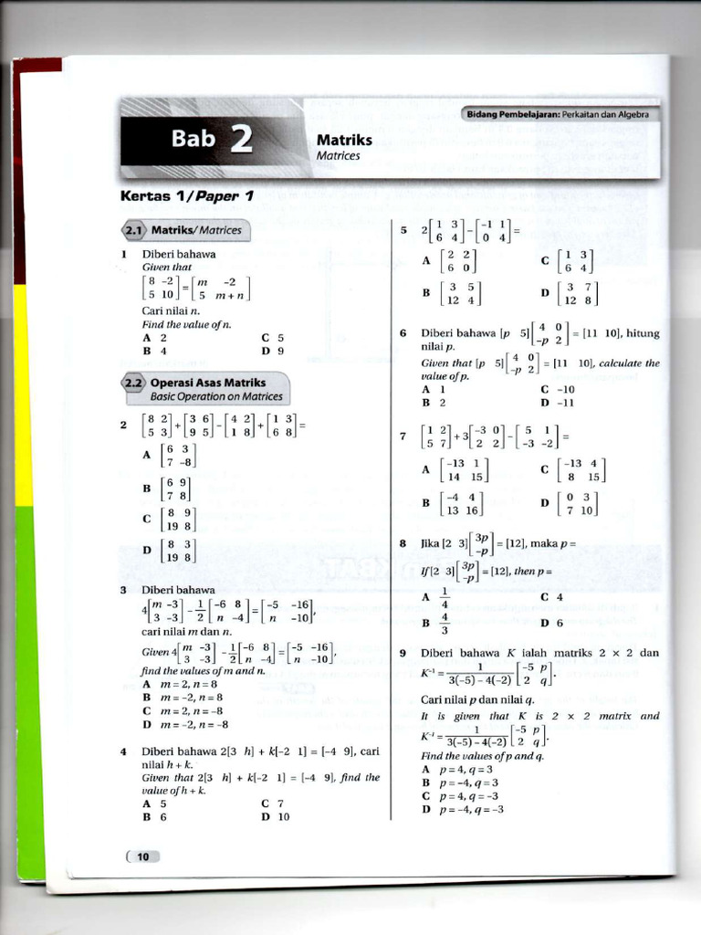 Math Form 5 Bab 2 Latihan Matriks Part 2 | PDF