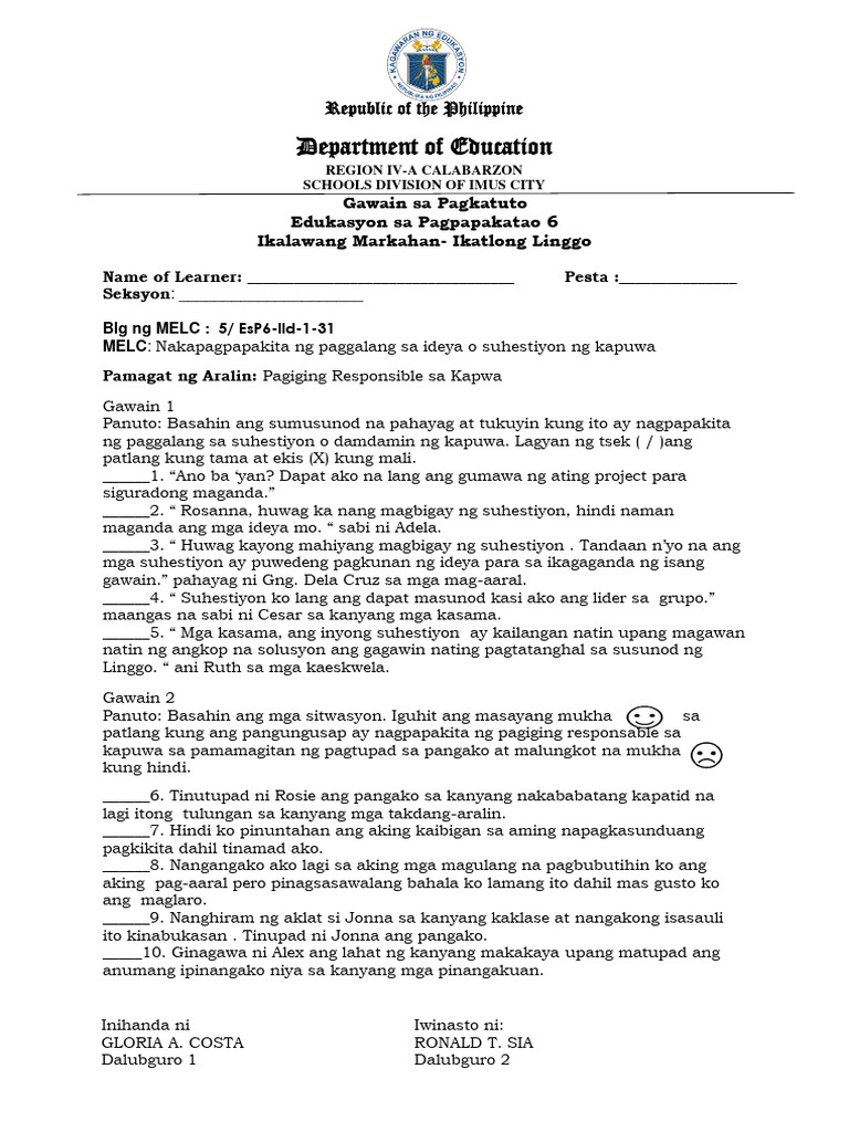 Department of Education: Gawain Sa Pagkatuto Edukasyon Sa Pagpapakatao 6 Ikalawang Markahan ...
