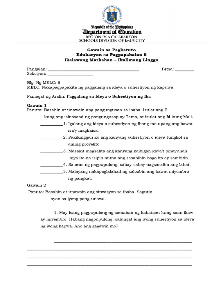 Gawain Sa Pagkatuto Edukasyon Sa Pagpapakatao 6 Ikalawang Markahan - Ikalimang Linggo | PDF