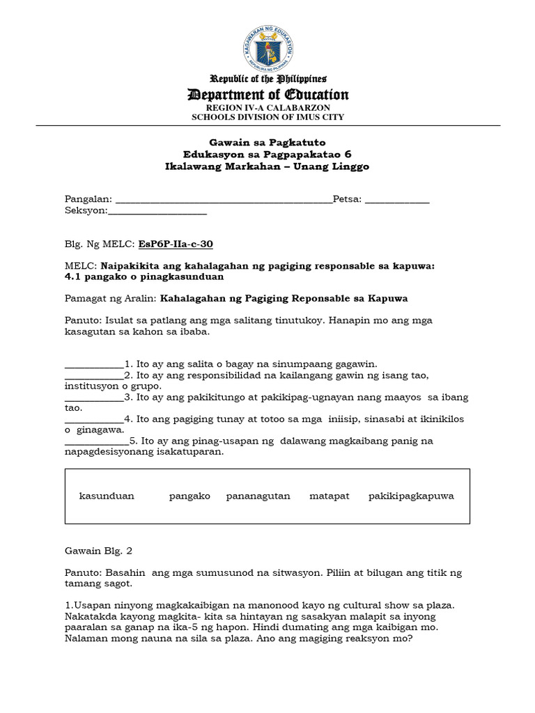 Department of Education: Gawain Sa Pagkatuto Edukasyon Sa Pagpapakatao 6 Ikalawang Markahan ...