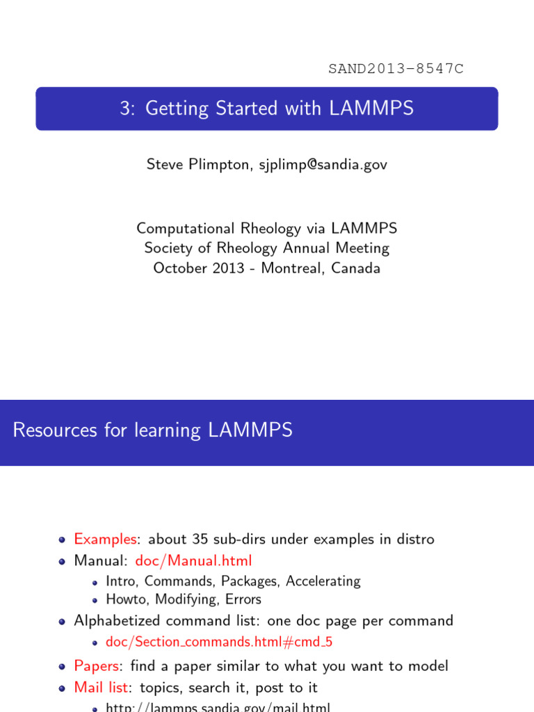 3: Getting Started With LAMMPS: Steve Plimpton, Sjplimp@sandia - Gov | PDF | Euclidean Vector ...