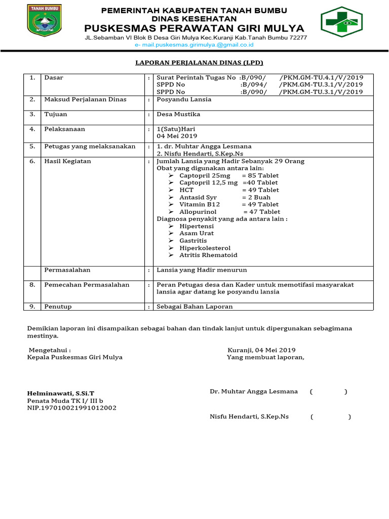 Puskesmas Perawatan Giri Mulya: Laporan Pe R Jalanan Dinas (LPD) | PDF
