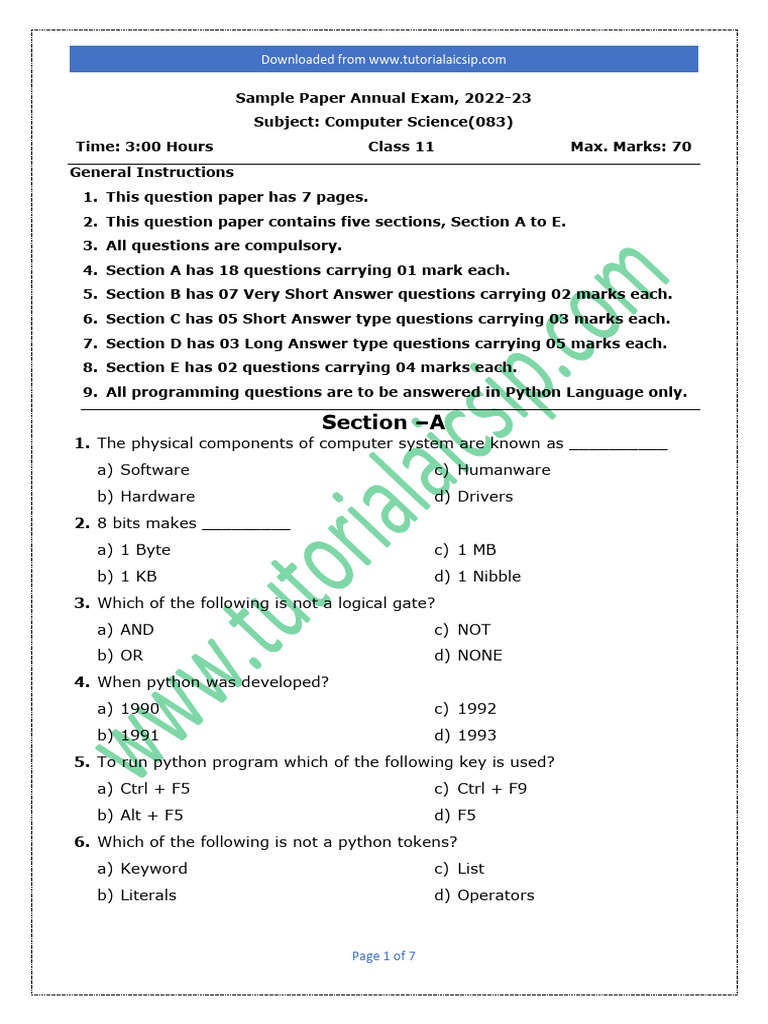 Sample Paper 1 Class XI Annual Exam CS | PDF | String (Computer Science) | Control Flow