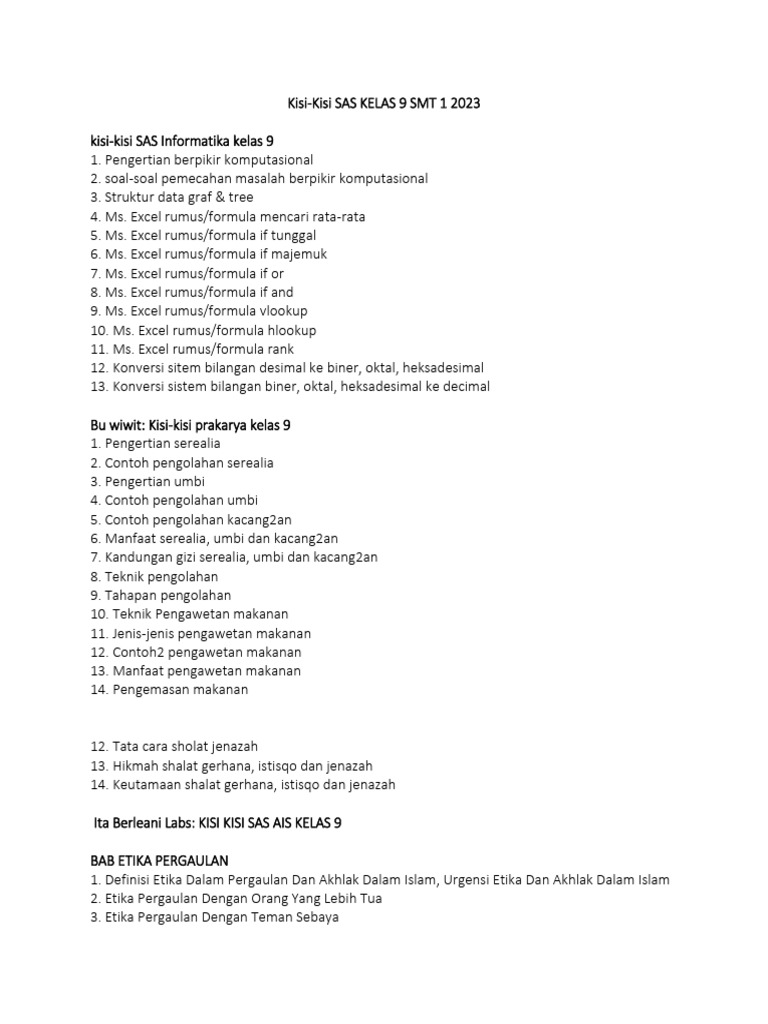 Kisi-Kisi Sas KLS 9 | PDF | Kajian Bahasa Asing