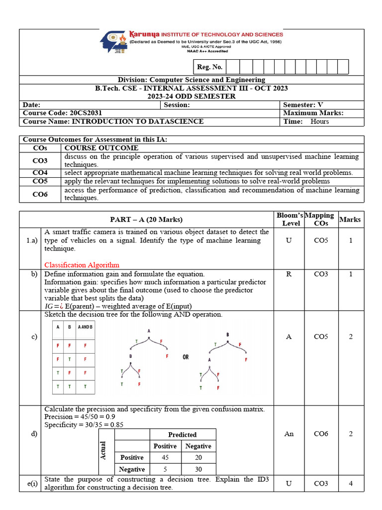 Course Outcomes For Assessment in This Ia: Cos Co3 Co4 Co5 Co6 | PDF | Cluster Analysis ...