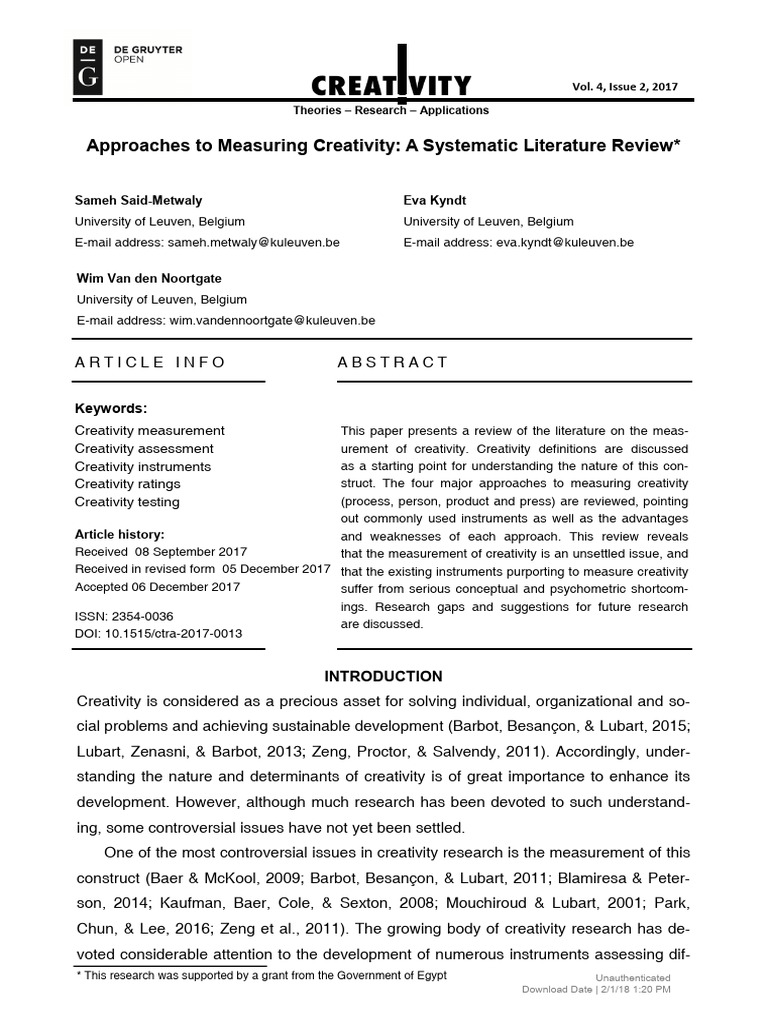 Approaches To Measuring Creativity A Systematic Li | PDF | Creativity ...