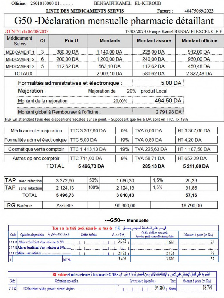 G50 - Déclaration Mensuelle Pharmacie Détaillant | PDF