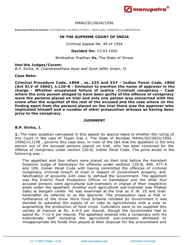 Bimbadhar Pradhan Vs The State of Orissa 13031956 s560024COM181948 | PDF | Criminal Procedure In ...