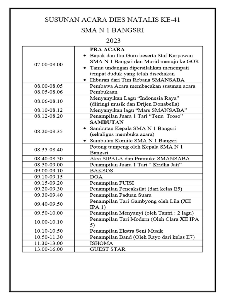 Susunan Acara Dies Natalis Ke-41 Smansaba | PDF