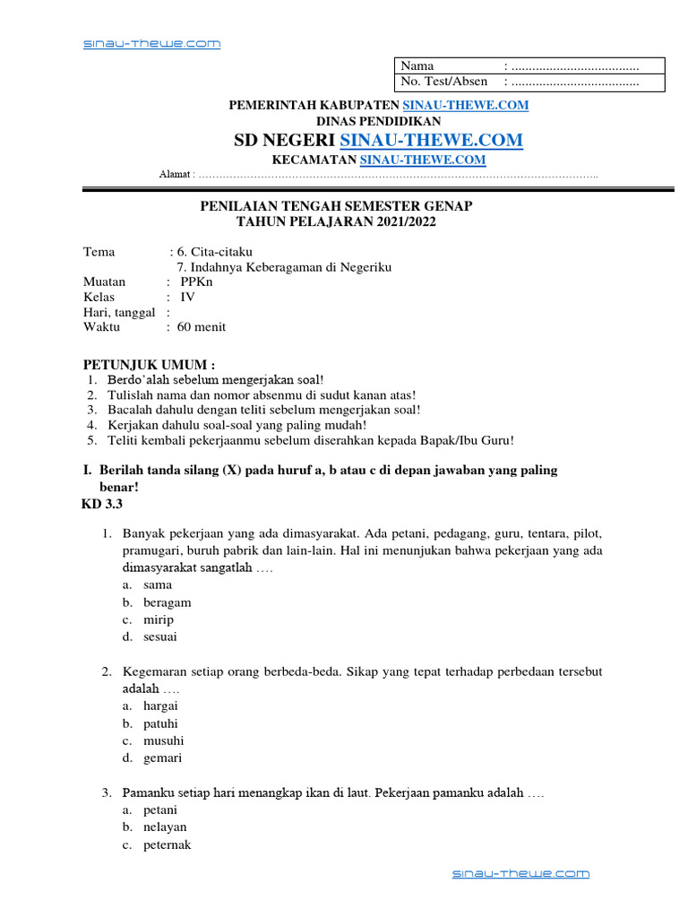 Soal PTS Kelas 4 Semester 2 PPKN Tahun 2022 | PDF | Kajian Bahasa Asing