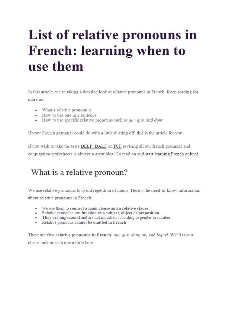 Using French Relative Pronouns | PDF | Grammatical Conjugation | Verb