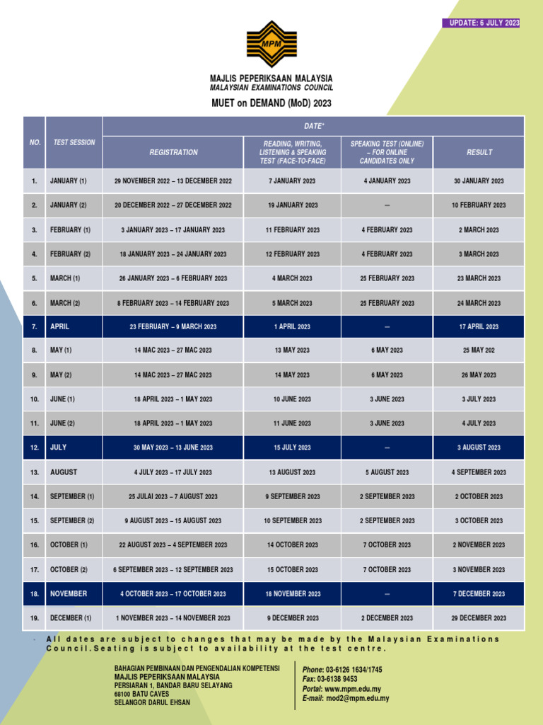 MoD Calendar 2023 Kemaskini Pada 6 July 2023 | PDF