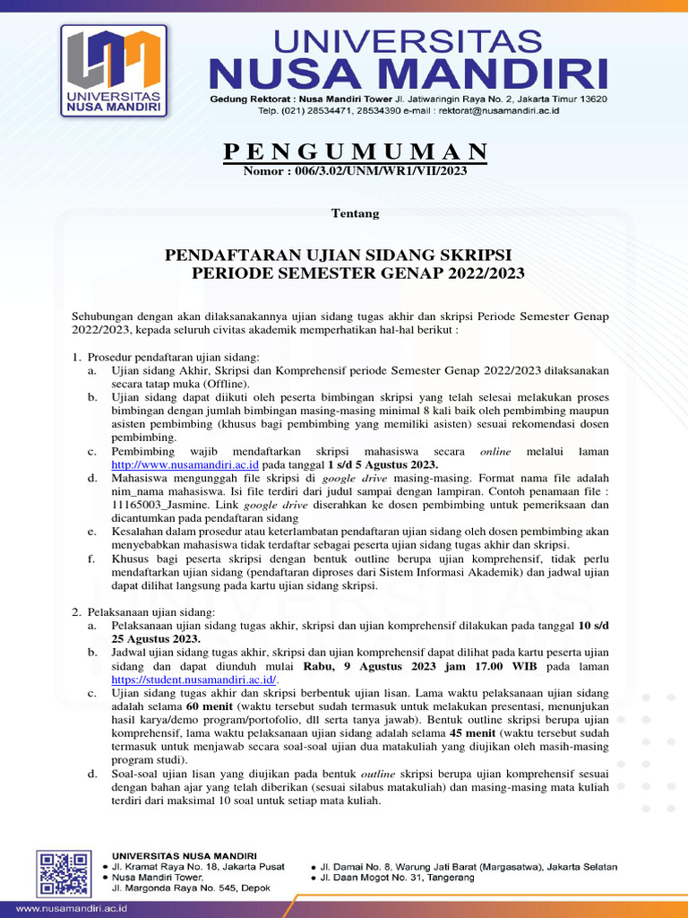 Pengumuman Ujian Sidang Skripsi Dan Komprehensif Periode Semester Genap 2022-2023 | PDF