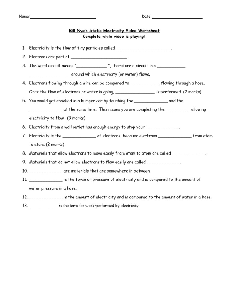 Bill Nye Electricity Worksheet | PDF | Electricity | Electron