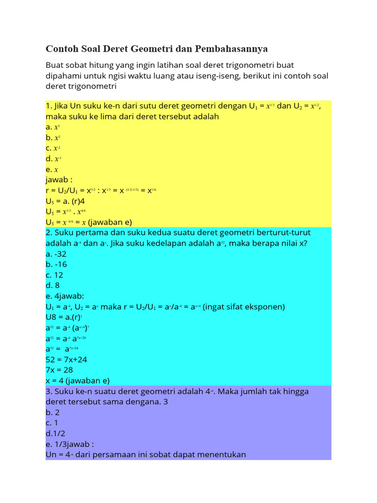 Contoh Soal Deret Geometri Dan Pembahasannya | PDF