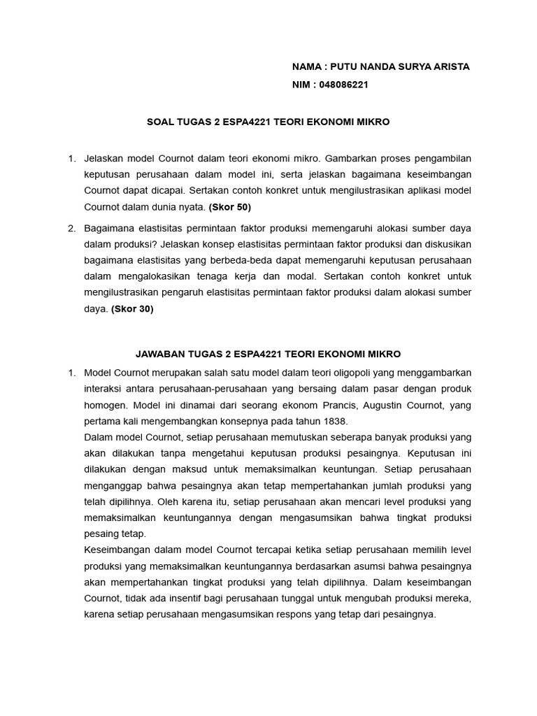 JAWABAN TUGAS 2 - Putu Nanda Surya Arista - Teori Ekonomi Mikro | PDF