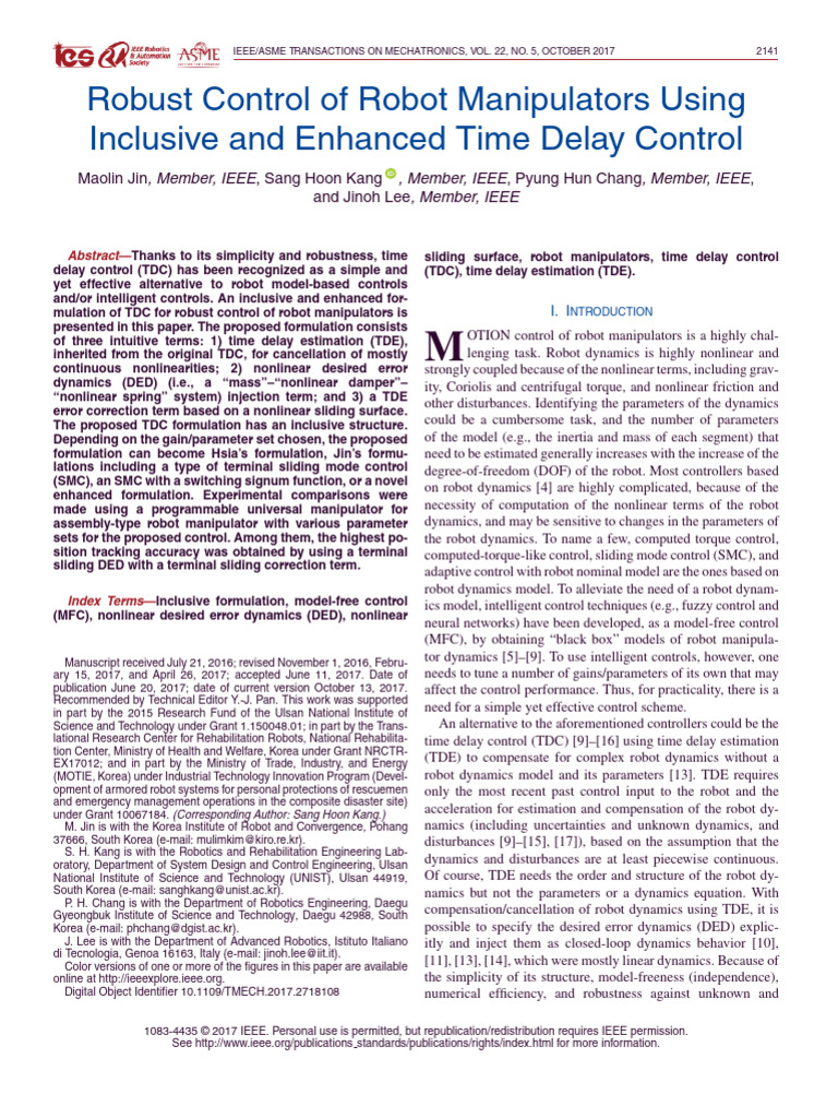 Robust Control Of Robot Manipulators Using Inclusive And Enhanced Time Delay Control Pdf